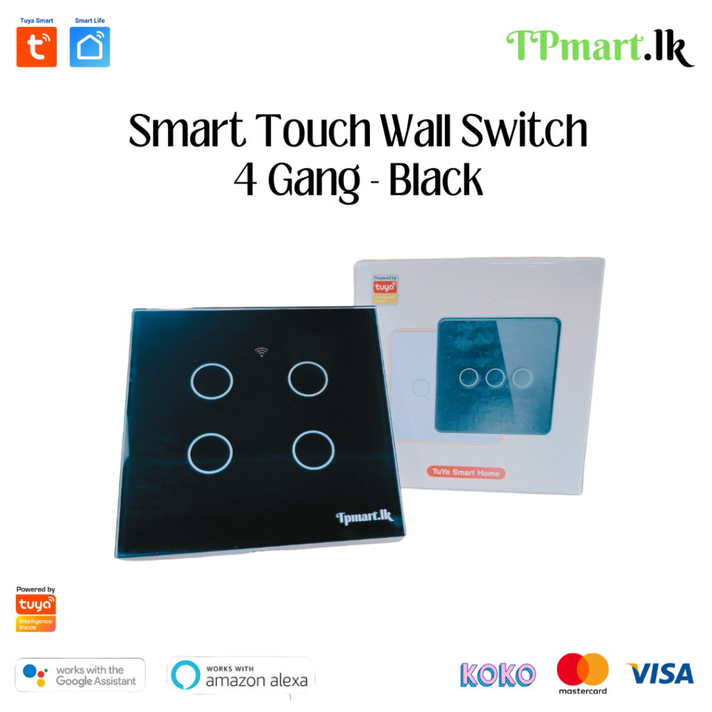 TPMart.lk Smart Touch Wifi Wall Switch 4 Gang - Black - Tisara Power Mart